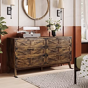Fameill 59'' Farmhouse 6 Drawers Dresser, Wide Wood Dresser TV Stand, Storage Cabinet with Metal Handles and Generous Storage Space, Dresser for Bedroom, Closet, Hallway, Rustic Brown
