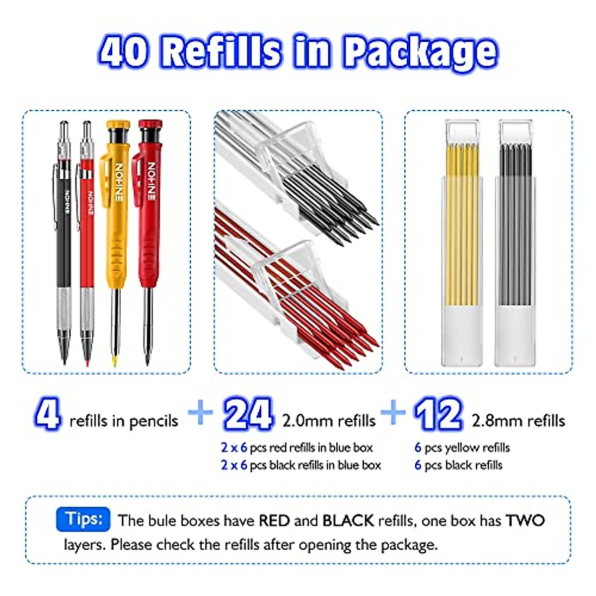 Enhon Mechanical Carpenter Pencils Kit with 40 Refills, 4 PCS Colorful Deep Hole Woodworking Pencils with Built-in Sharpener, Carpentry Marking Scribe Tools for Architect Construction
