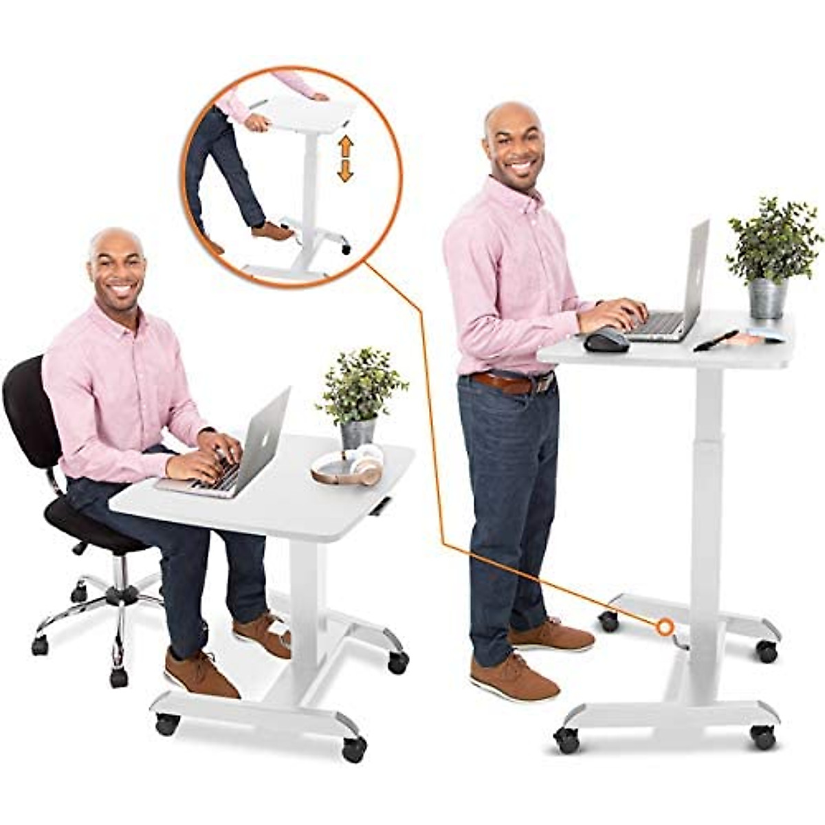 Stand Steady Multifunctional Mobile Podium Desk | Portable Sit to Stand Lectern with Pneumatic Height Adjustment & Tilting Desktop | Rolling Laptop Stand | Mobile Desk for School, Home, Office (White)