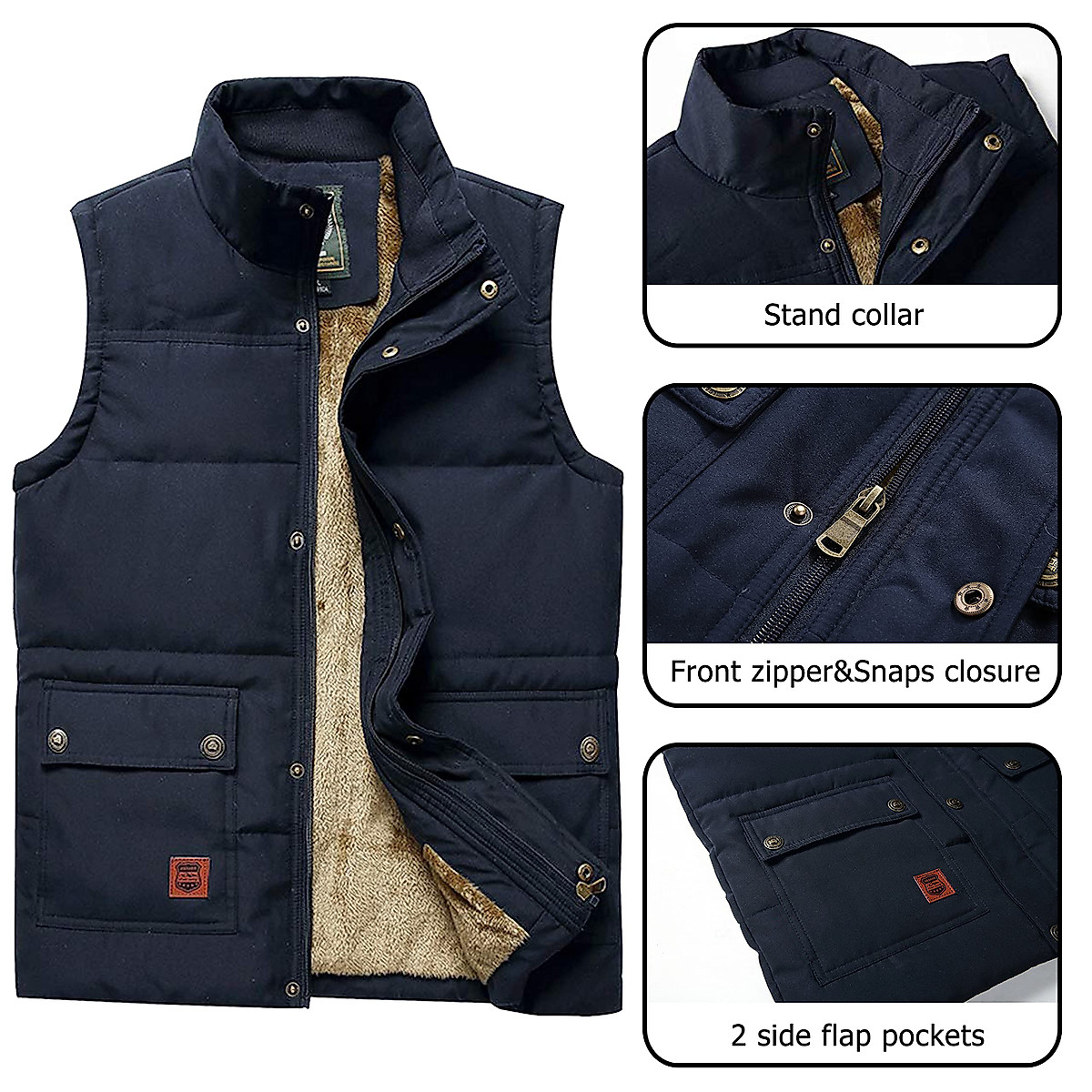 Vcansion Men's Outdoor Casual Stand Collar Thicken Qulited Fleece Jacket Padded Vest Lightweight Down Cotton Vest Coat Blue US M