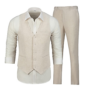 Furuyal Men Suit Casual Wedding Suits Linen Suits for Men 2 Piece Suits Groomsmen Tuxedos Summer Beach Prom Vest and Pants Set Beige-S