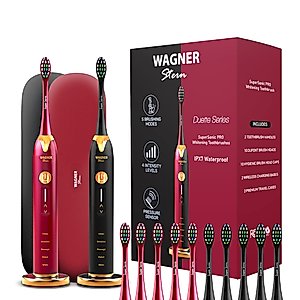 Wagner Stern. Duette Series. 2 Electric toothbrushes with Pressure Sensor. 5 Brushing Modes and 4 Intensity Levels, 10 Dupont Bristles, 2 Premium Travel Cases. (Burgundy/Black)