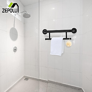 Black Grab Bar Towel Rack Combo, Zepolu Handicap Towel Bar for Bathroom, Stainless Steel Safety Assist Bar Balanced Support Handle 17 Inch, Wall Mounted Towel Grab Bars for Senior Elderly Disabled