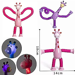 Telescopic Giraffe Suction Toys 4PCS, Telescopic Suction Cup Giraffe Toy Shape Changing Giraffe Telescopic Tube Suction Toys Stretch & Decompress Educational Sensory Toys for Kids (with Light)