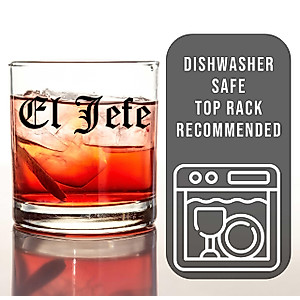 Spotted Dog Company Printed 11oz Whiskey Glass - El Jefe - The Boss - Old Tyme, National Boss Day Gifts Best Boss Ever Funny