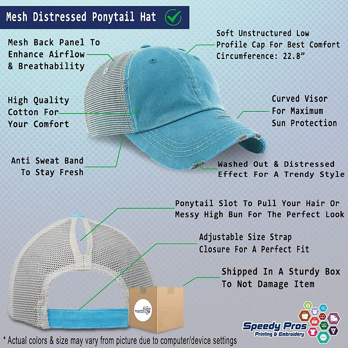 Speedy Pros Womens Ponytail Cap May Contain Alcohol Embroidery Cotton Distressed Trucker Hats Strap Closure Turquoise Design Only