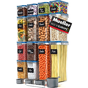 Mueller Food Storage Containers with Lids Airtight, 14-Piece Cereal Containers Storage, Kitchen & Pantry Organization Storage with 14 Labels, 4 Measuring Cups and Marker, Dark Blue