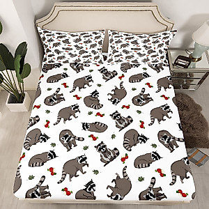 Feelyou Cute Raccoons Bedding Fitted Sheet Cartoon Raccoon Bed Sheet Set for Kids Boys Girls Lovely Fruits Leaves Decor Bedding Sheets Grey Animal Bed Cover with 2 Pillowcases 3Pcs Bedding Queen