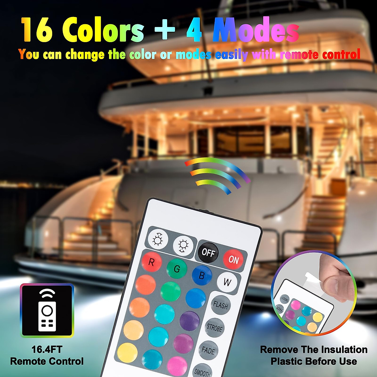 Obcursco Wireless Boat Lights, Battery-Powered RGB Multi-Color Submersible LED for Interior, Deck, and Courtesy Lighting, Ideal for Pontoon, Kayak, Fishing, and Jon Boats (4 PCS)