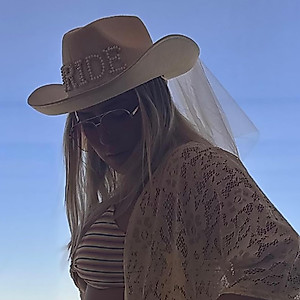 Bridal Cowboy Hat, Bronzing "Bride" Cowgirl Hat White Velvet Fur Veil Favors Women Felt Party Hat,Bachelorette Party Bride to be Gift