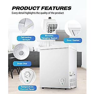 Chest Freezer Small Deep Freezer Chest Freezer 3.5 cu.ft Compact Freezer Top Door Freezer, White Deep Freezer 7-grade Temperature Control with Removable Basket, Applicable to Kitchen Office Bar