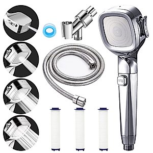 IOUHAPPY High Pressure 4-mode Handheld Shower Head Filtered Shower Head, One-key Stop Water Shower Heads with Handheld Spray, Extra Long 79 Inch Stainless Steel Hose, Wall & Overhead Brackets