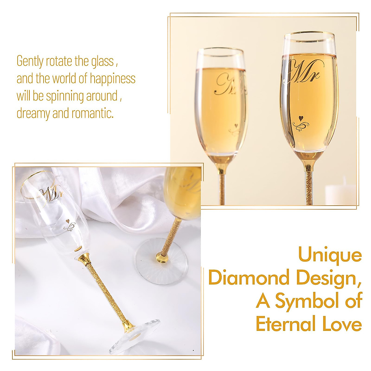 DUJUST Crystal Glass Wedding Champagne Flutes, Mr & Mrs Champagne Glasses with Handcrafted Gold Rim & 24K Gold Leaf Flakes, Square Bride and Groom Champagne Flutes, Valentine's Day Gift, Gift Package
