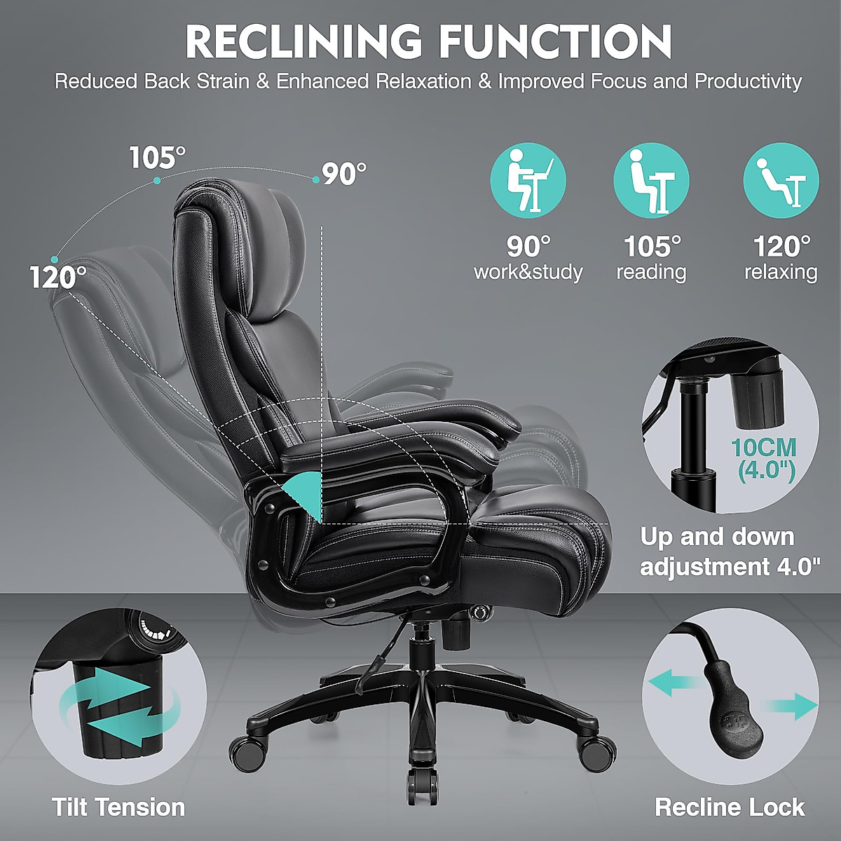 Office Chair, Ergonomic Big and Tall 500lbs Computer Desk Chairs, Heavy Duty Executive Breathable Leather Chair with Adjustable High Back, Lumbar Support Swivel PC Chair
