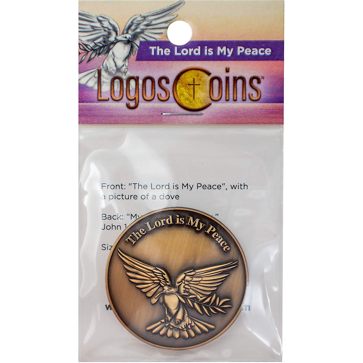 The Lord is My Peace, Dove and Olive Branch Pocket Token of Serenity, Christian Challenge Coins, My Peace I Give to You, Antique Gold-Color Plated John 14:27 Religious Gift