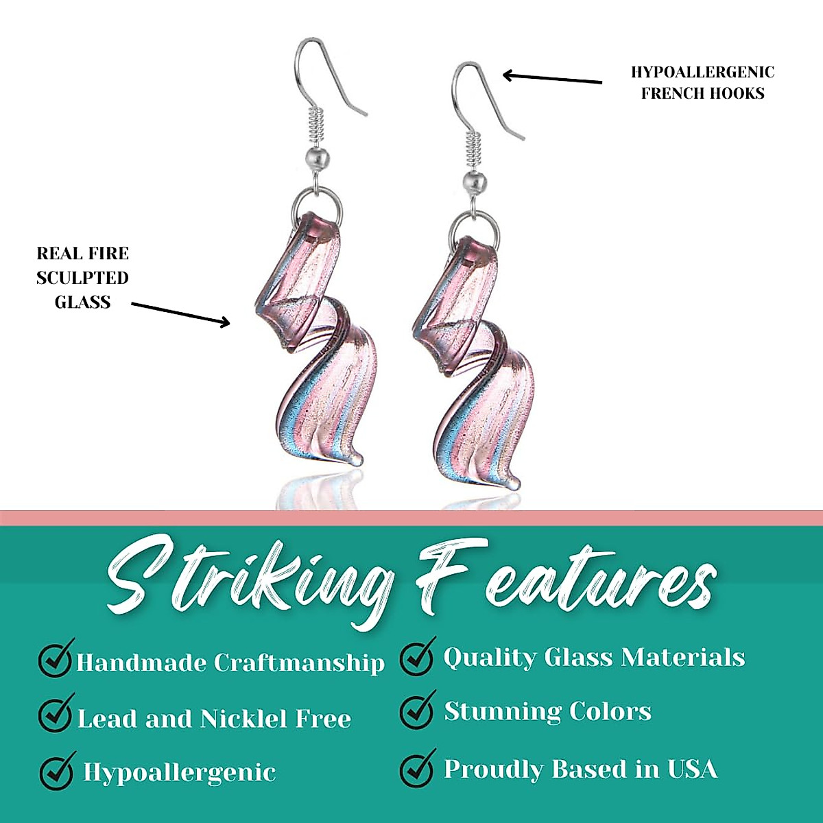 BESHEEK Handmade Murano Inspired Gorgeous Artist Made Pink Purple Blue Twist Glass Dangle Earrings | Handcrafted Blown Hypoallergenic Artisan Lampwork Italian Style Jewelry (Twist)