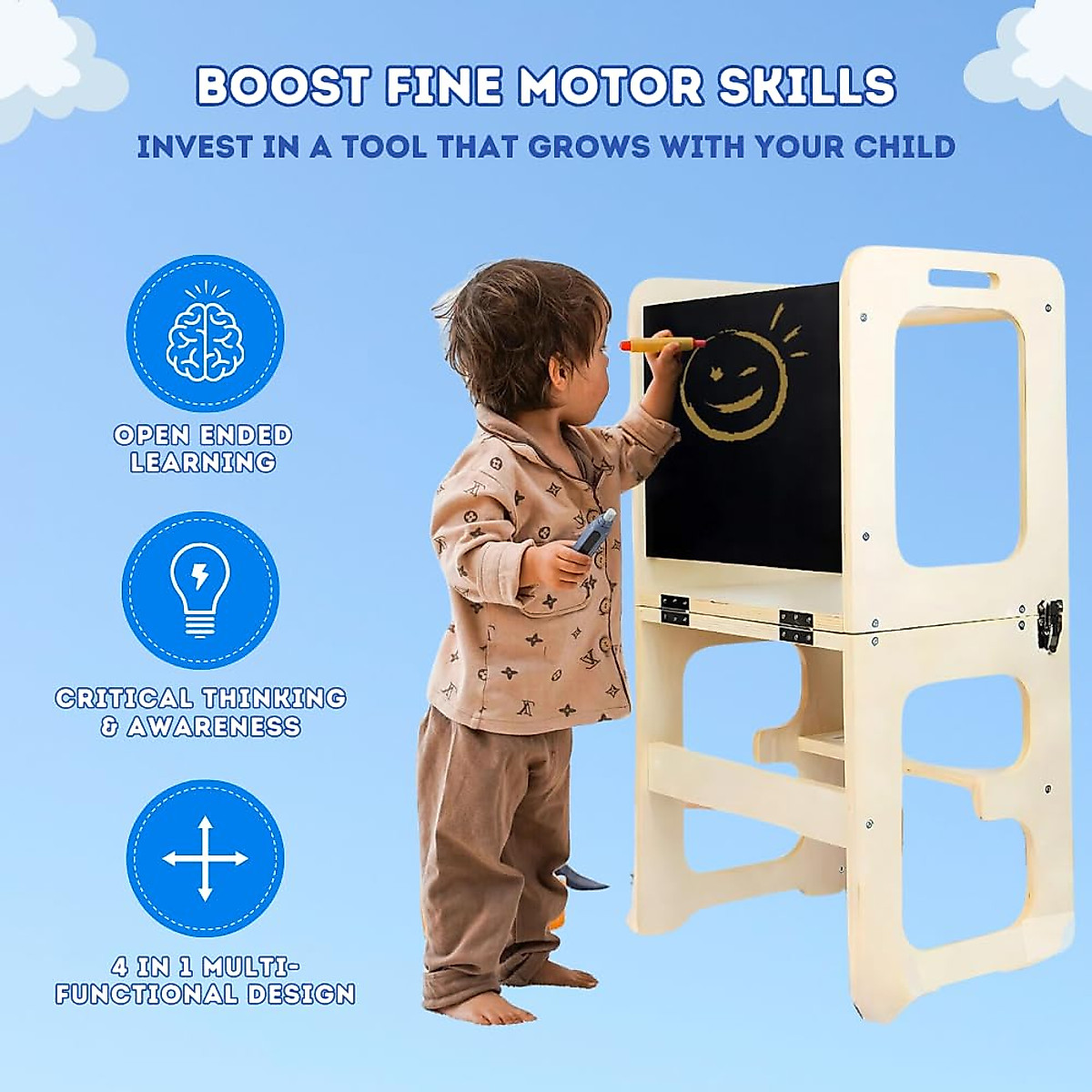 Montessori Mission 4-in-1 Foldable Learning Kitchen Tower, Stool with Chalkboard, Desk, Table & Chair, Montessori Kitchen Stool, Learning & Kitchen Tower for 1-6 Years Old