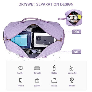 Duffle Bag for Travel, Weekender Bag with Shoe Compartment, Carry On Overnight Bag for Women with Toiletry Bag, Gym Bag with Wet Pocket, Hospital Bags for Labor and Delivery Lavender Purple