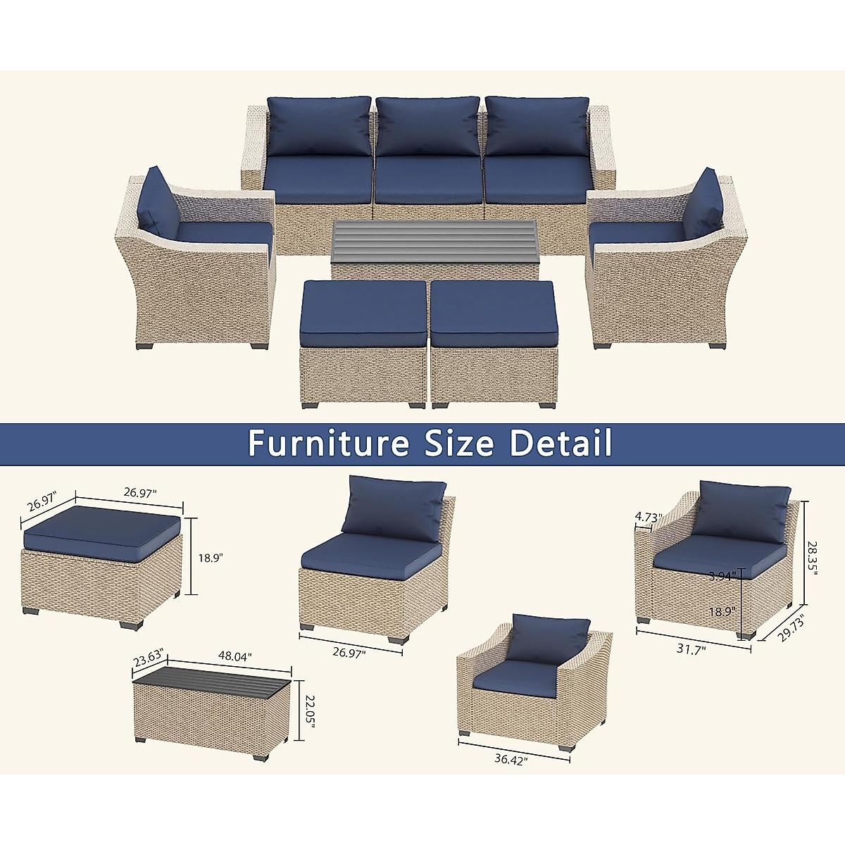 LHBcraft Patio Conversation Set Rattan Outdoor 8 Piece Sectional Furniture Sofa Set Wicker Couch with Coffee Table and Cushions for Poolside, Backyard