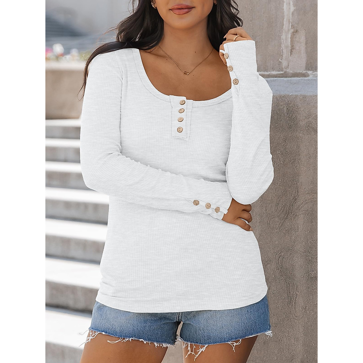 Kissfix Womens Long Sleeve Shirts Going Out Fall Clothes Casual Henley Tops Ribbed Knit Blouses Fashion Trendy Outfits White L
