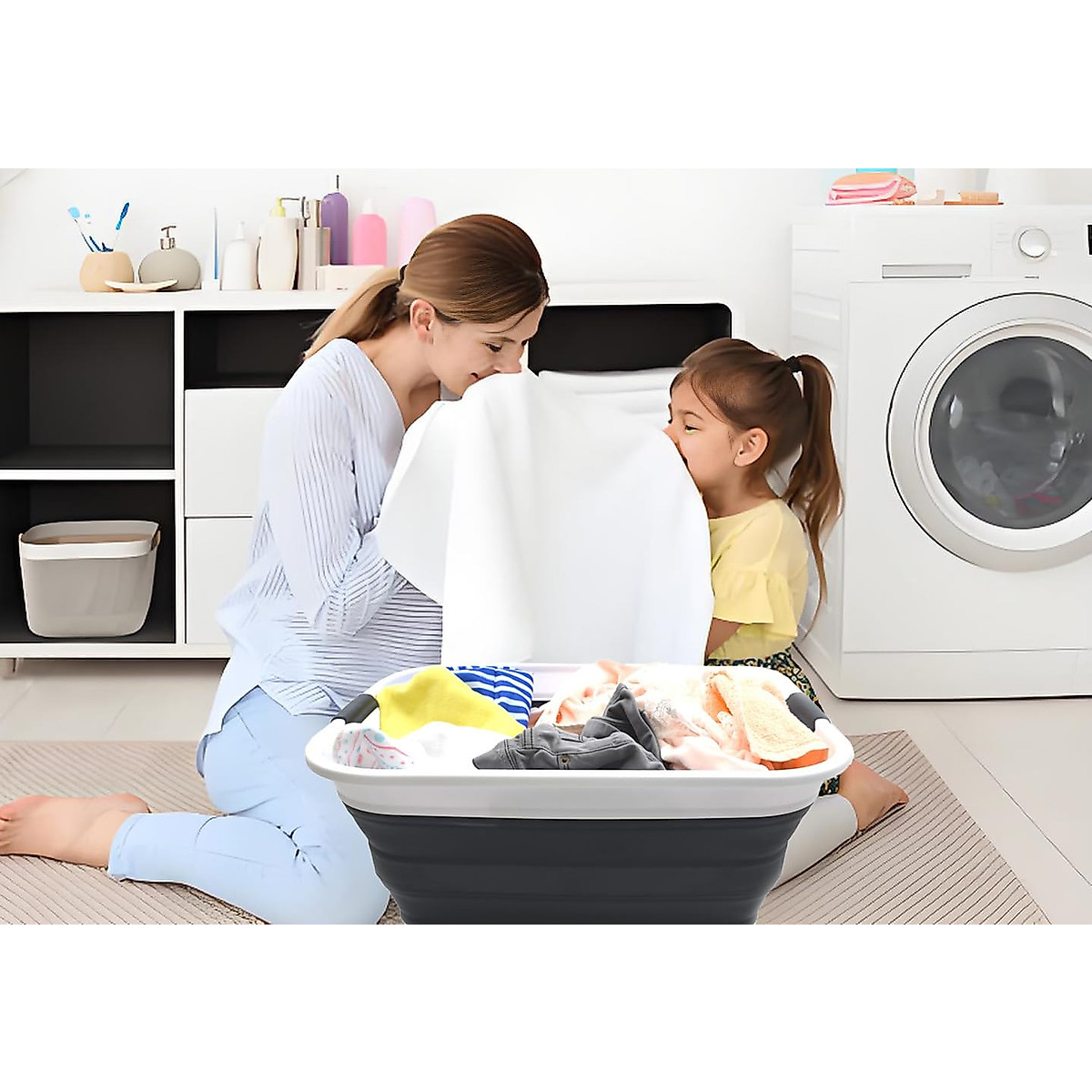 SAMMART 42L(11 gallon) Collapsible Plastic Laundry Basket-Foldable Pop Up Storage Container-Portable Washing Tub-Space Saving Basket,Water capacity 34L(9 gallon) (1 Rectangular - strengthen, Black)