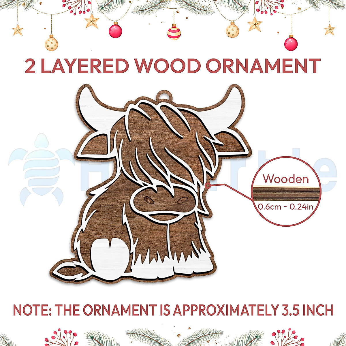 Hyturtle Highland Cow Christmas Ornament Gifts for Cow Lover - Highland Cow Christmas Wood Ornament - Cute Farm Animal Lover Gifts for Women, Girls On Birthday - Xmas Tree Hanging Decoration