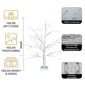 DEWBIN Money Tree Gift Holder, 24" 2FT Lighted Birch Trees Stands with LEDs, Battery Powered Timer with 12 Clear Clips, Display Card Photo Lottery for Christmas, Birthday, Wedding, Graduation (White)