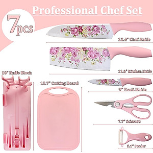KoudHug Kitchen Knife Set, Pink Flower 7-pieces Stainless Steel Sharp Chef Cooking Non-slip Knife Set with Acrylic Stand & Block, Non-stick Colorful Coating Present for Women and family (Pink)