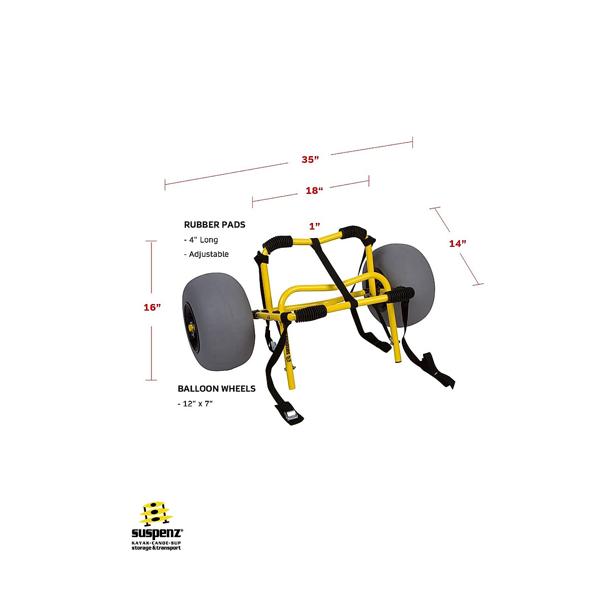 Suspenz Kayak Beach Cart Trailer, DLX Canoe Trolley with Balloon Wheels Sand Tires and Straps, Yellow, Flat Platform, 22-7044