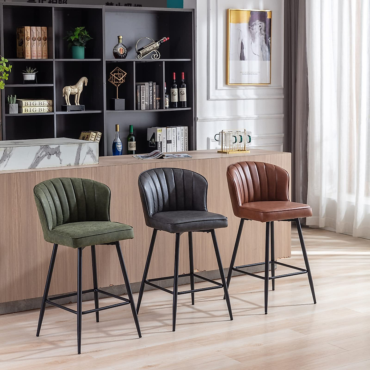 CIMOO Green Leather Bar Stools Set of 2 Mid Century Modern Counter Stools 26 Inch Counter Height Stool Chairs Upholstered Kitchen Island Chairs with Back, PU Faux Letaher