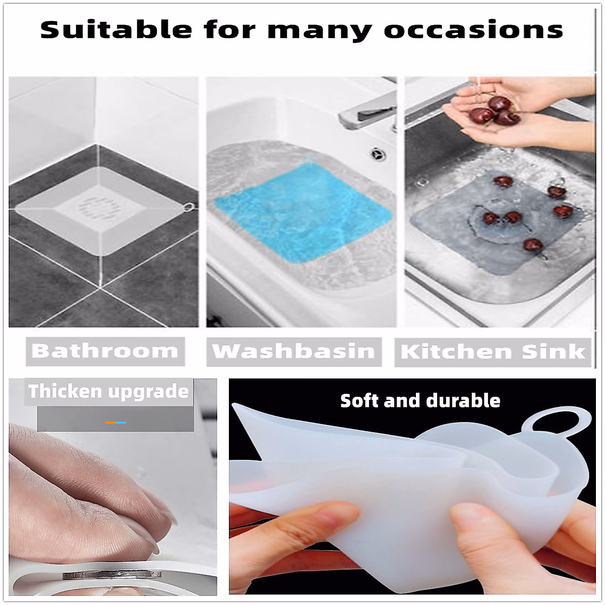 MAOYONG Silicone Square Drain Cover, Anti-Odor Plug for Bathtub, Shower, Kitchen Sink, 3 Pack
