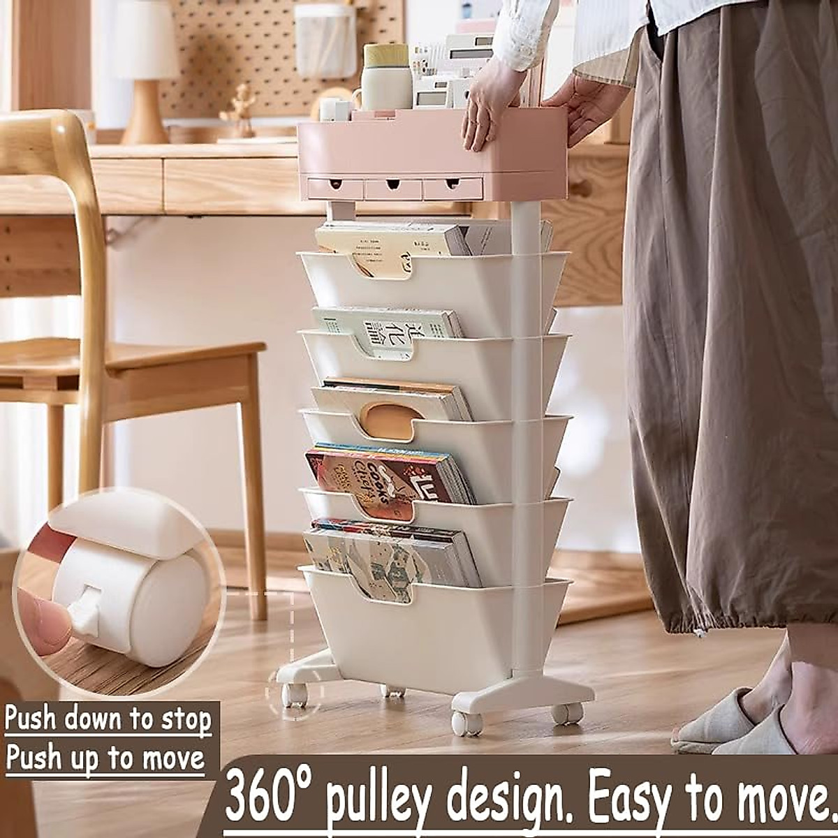 EMENAR Mobile Bookshelf, 6 Tier Moveable Bookshelf Organizer with 360° Universal Wheel, Storage Book Shelves, 2023 New Standing Bookcase for Office Classroom Bedroom (no Wheel,Pink)