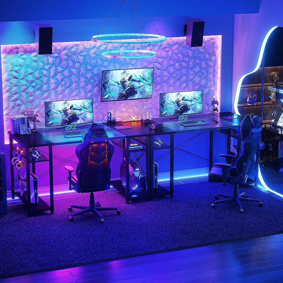 iSunirm 48 Inch Computer Desk, Large Office Desk with 4 Storage Shelves, 48'' Study Writing Table with CPU Stand, Sturdy PC Desk for Home Office, Bedroom, Gaming Room, Grey and Black