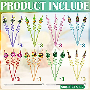Hawaiian Luau Party Favor Drinking Straws (24 Pcs) Summer Beach Pool Birthday Party Supplies Reusable Plastic Drink Straw for Tropical Luau Party (2 Pcs Cleaning Brushes inside)…