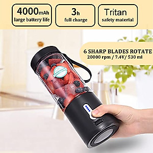 Portable Blender for Shakes and Smoothies, Upgraded 18Oz Portable Blenders with 6 Blades and Type-C Rechargeable, Fruit Veggie Juicer Electric Mini Portable Mixer Cup for Travel Sports Kitchen (Black)