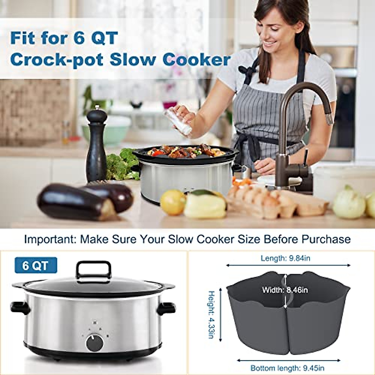 Dompion Silicone Slow Cooker Liners, Reusable 2 Divider Insert Fits for Crock-pot Oval 6 QT Slow Cooker, Dishwasher Safe, Easy Cleanup, Food-Grade BPA Free Cooking Liners for Most 6 QT Slow Cooker
