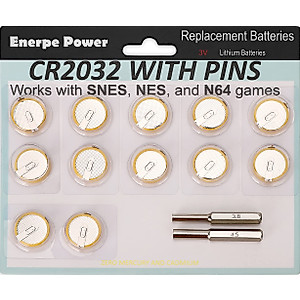 Enerpe CR2032 with Solder Pins 3V Replacement Battery for NES SNES N64 Save Game Cartridge 12-pack