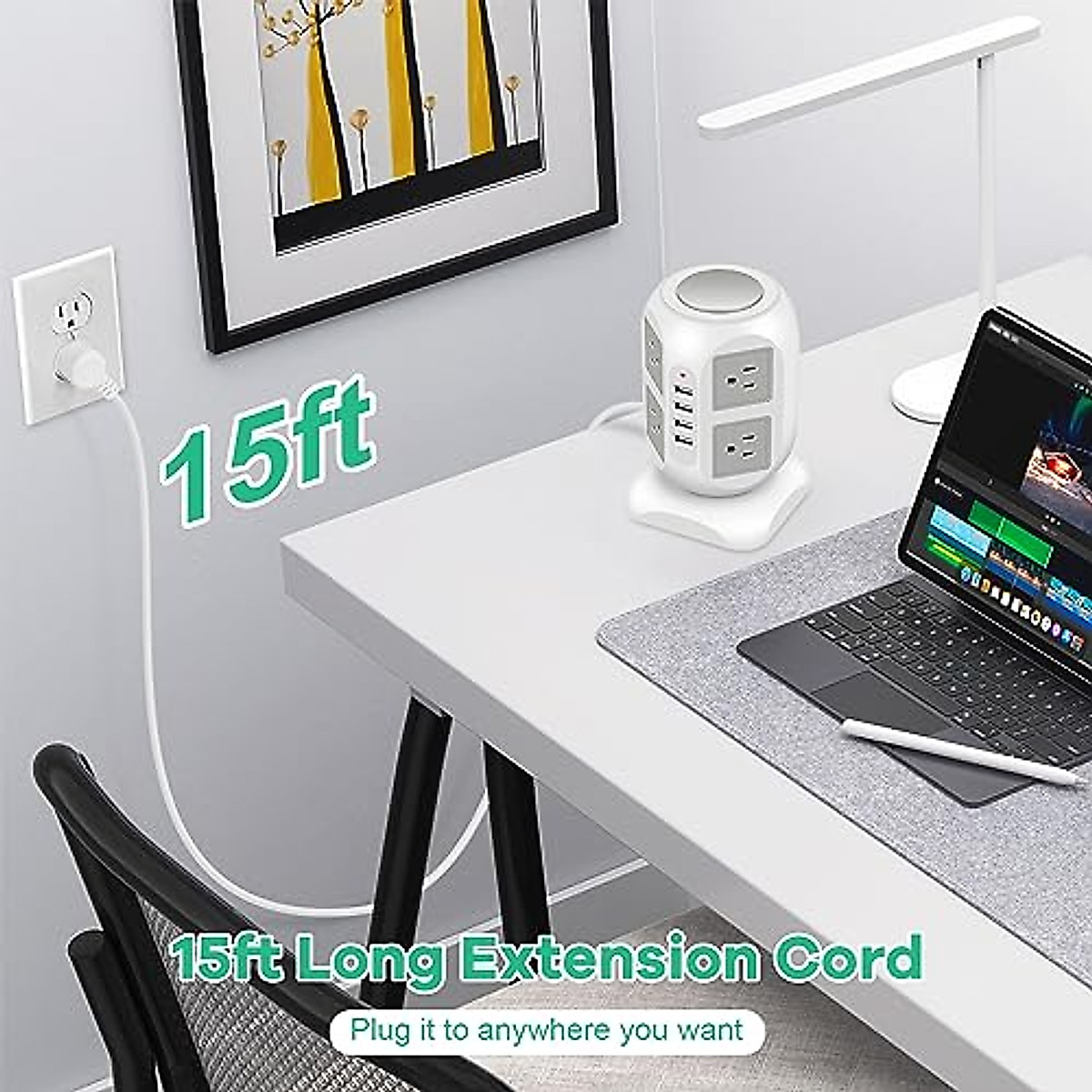 Power Strip Tower 15 ft Long Extension Cord - 8 Outlets Power Surge Protector with 4 USB Ports - Multi Plug Outlet Extender - Multiple Outlets Charging Station for Multiple Devices, Phone, Computer