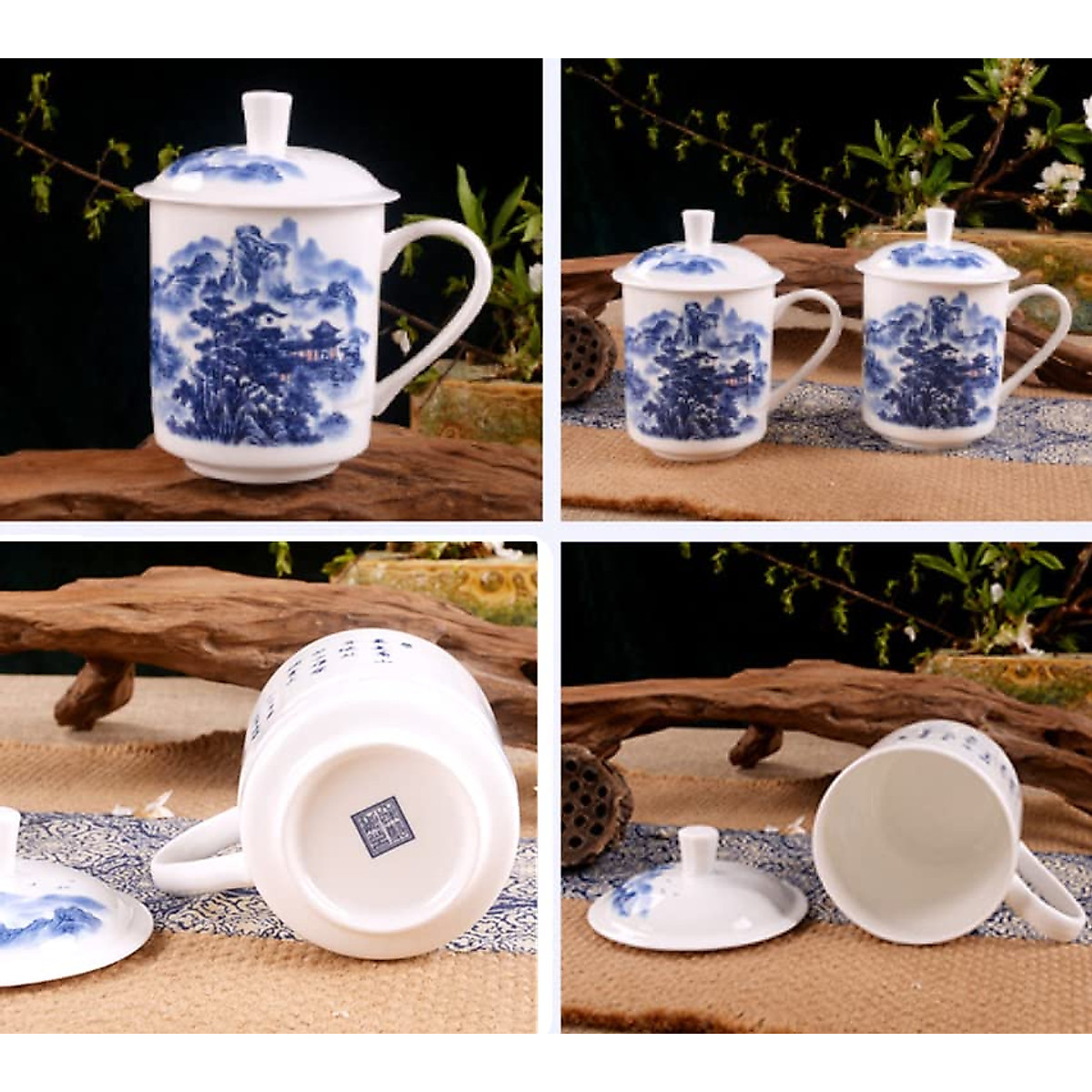 XIYUAN Fine Handmade Ceramics Tea Cup with Lid,(Landscape pattern) Chinese Jingdezhen Blue and White Porcelain Tea Cup Infuser for: Home Party, Office, Reception Room