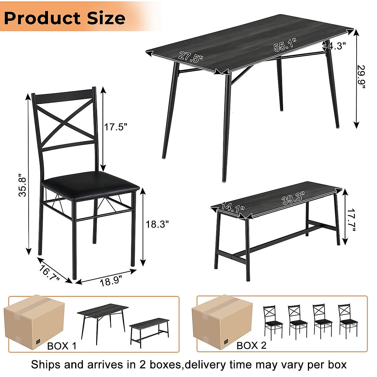 VINGLI 55in Modern Dining Table Set for 6, Rectangular Kitchen Dining Table, Bench, 6 Piece Wooden Dinner Table Set with Upholstered Chairs for Kitchen, Dining Room, Apartment - Dark Grey