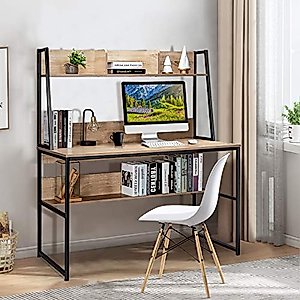 Tangkula Computer Desk with Hutch & Bookshelf, 47 Inches Space Saving Writing Study Table Home Office Desk, PC Laptop Table Workstation with w/ 3 Open Storage Space & Bottom Bookshelf (Natural)