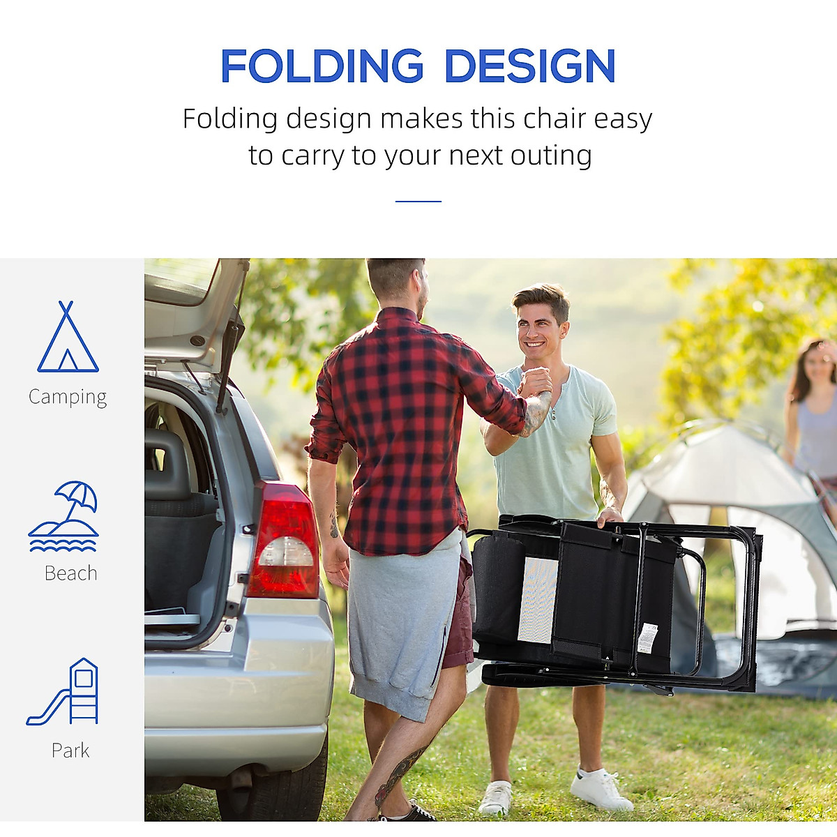 Outsunny Folding Patio Chairs Set of 2, Outdoor Deck Chair with Adjustable Sling Back, Camping Chair with Removable Headrest for Garden, Backyard, Lawn, Black