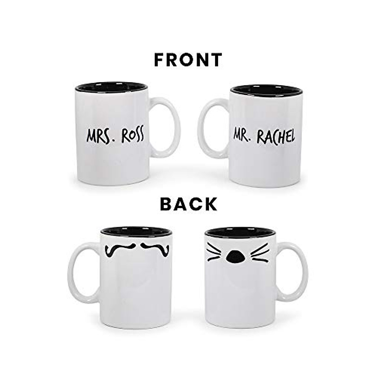 Ukonic Friends Mr. Rachel Whiskers and Mrs. Ross Moustache Double-Sided Mugs | Set of 2
