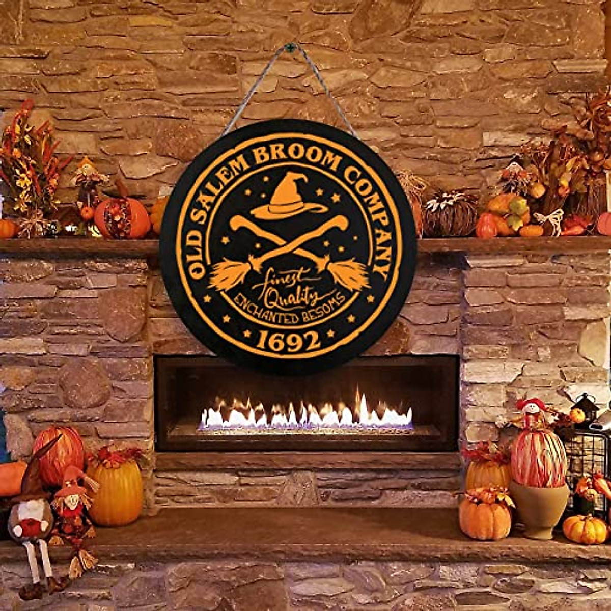 GLLBTPT Halloween Door Decorations,Halloween Wooden OLD SALEM BROOM COMPANY Hanging Sign with Rope Front Door, Halloween Decorations Indoor