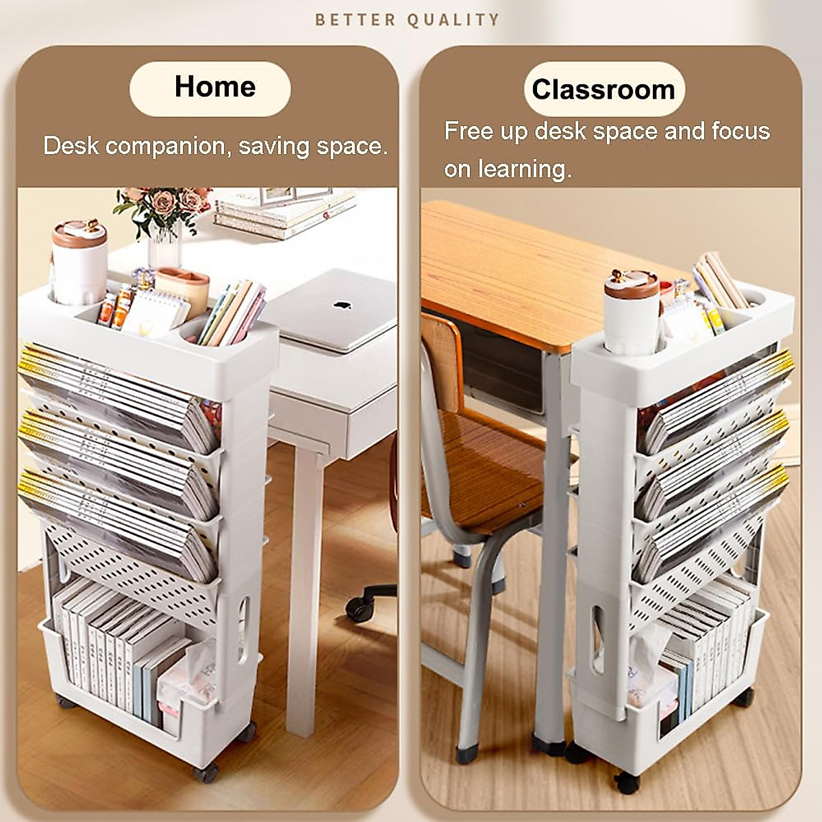XIYAO 5 Tier Book Rack Storage Bookshelf,Plastic Removable Rolling Utility Cart Multi-Functional Movable Storage Book Shelves with Lockable Casters for Students Study Office Classroom,White