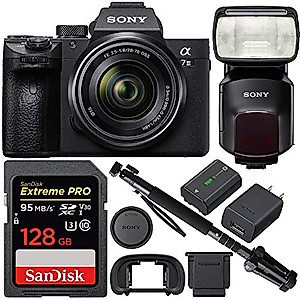 Sony ILCE-7M3K/B a7III Full Frame Mirrorless Interchangeable Lens Camera with 28-70mm Body Bundle with External Flash/Video Light, Sandisk 128GB Memory Card and Monopod