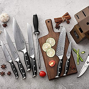 Kitchen Damascus Knife Set, WanRui Series 9-Piece Kitchen Knife Set with Block, Non-slip ABS Ergonomic Triple Rivet Handle for Chef Knives, Sharpener and Shears, Natural Wood Block (Updated Version)