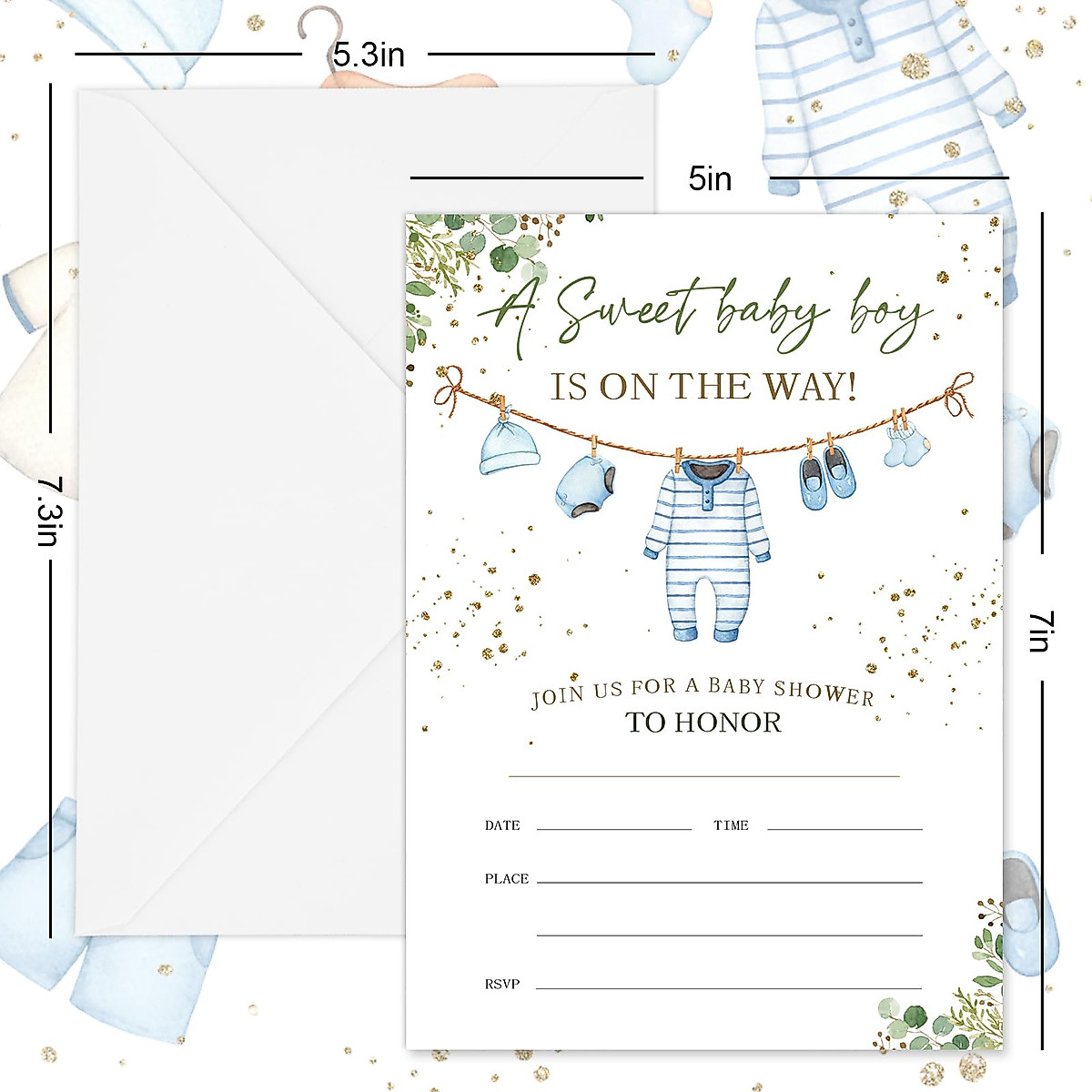 Whaline 25 Sets Boy Baby Clothes Baby Shower Party Invitations with Envelopes Stickers Blue Cute Party Invitation Paper Cards Fill-In Invites for Birthday Gender Reveal Party Supplies, 5 x 7 Inch