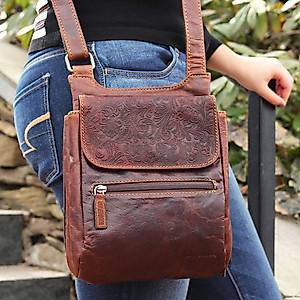 Jack Georges Women's Voyager Floral Slim Crossbody in Buffalo Leather #FL831 (Brown)