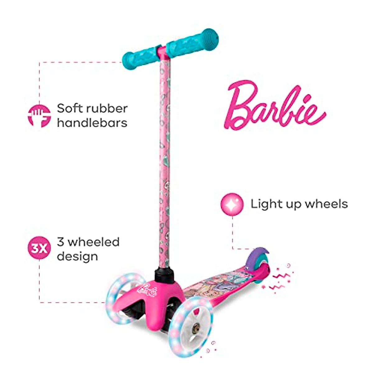 Barbie Self Balancing Kick Scooter with Light Up Wheels, Extra Wide Deck, 3 Wheel Platform, Foot Activated Brake, 75 lbs Limit, Kids & Toddlers Girls or Boys, for Ages 3 and Up